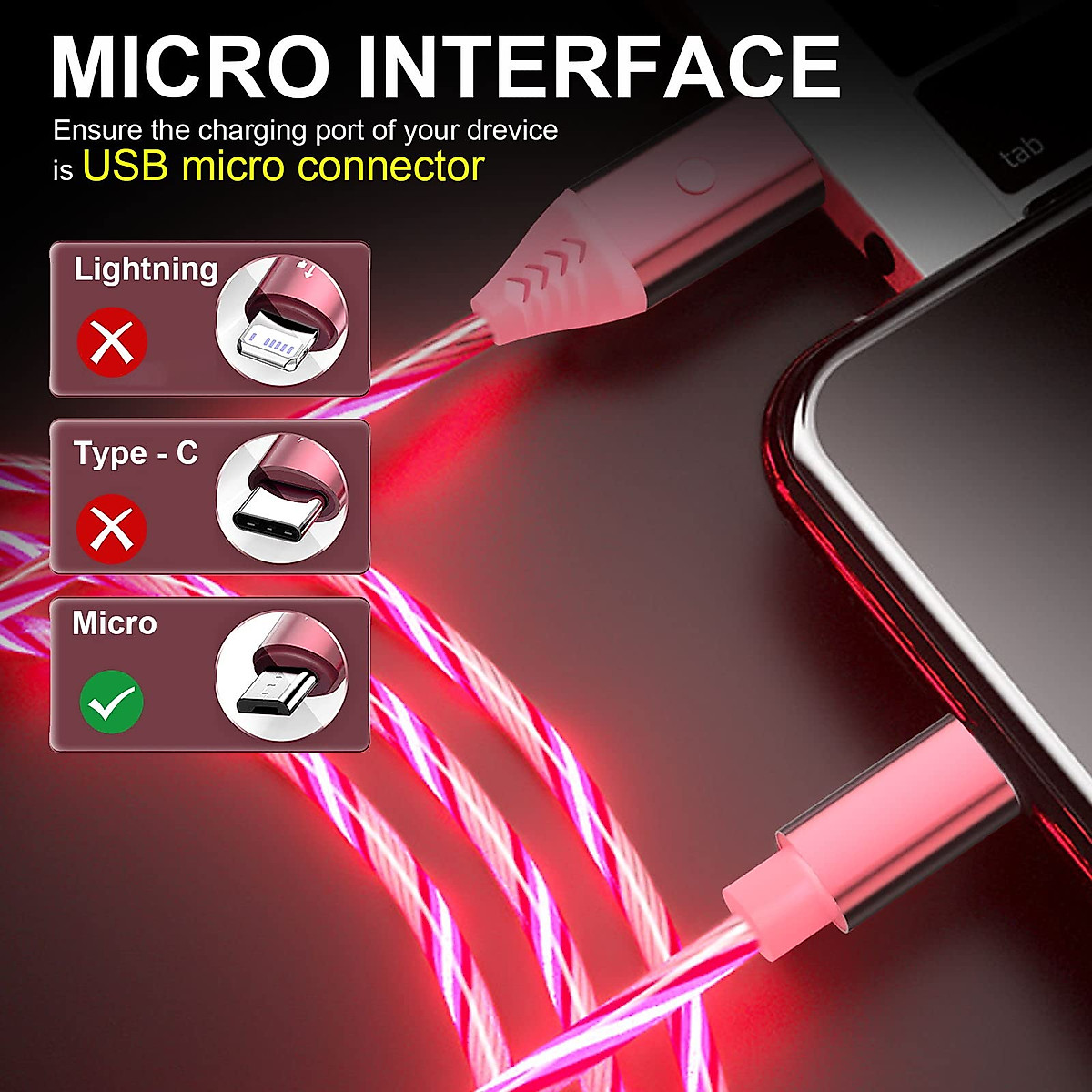 LED Micro USB Cable with Switch Compatible with Samsung Galaxy S7 Edge S6 S5 S2 J7 J7V J5 J3 J3V J2, LG K40 K20, Fire Tablet, PS4, Xbox, Kindle Micro USB Charging Cord (Red,5ft)