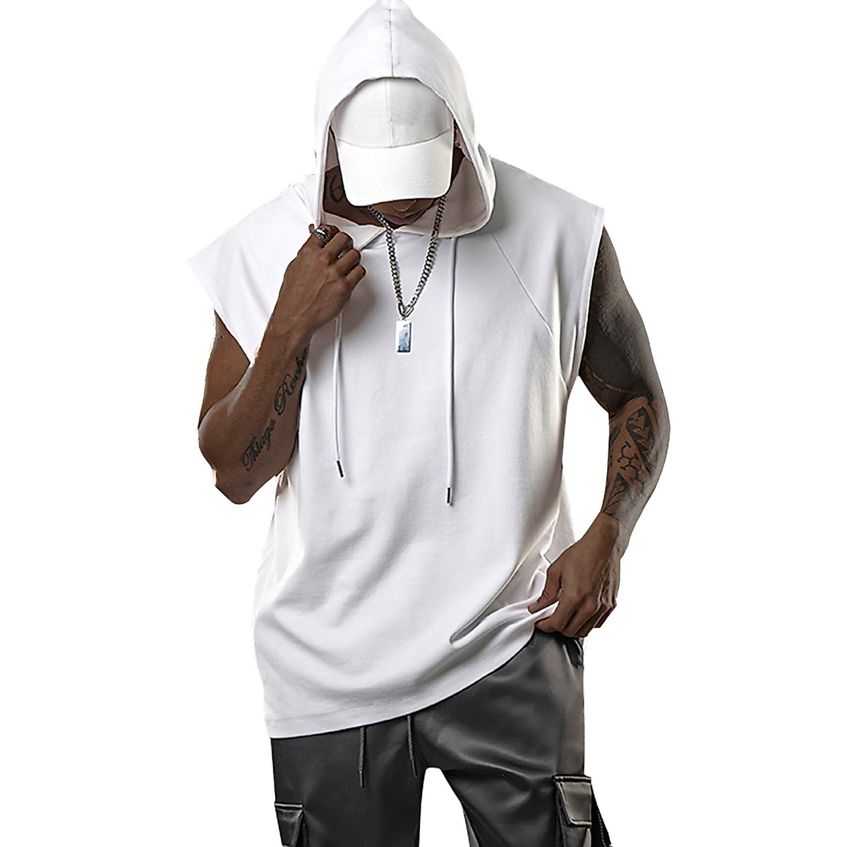 Aixdir Hoodie Tank Top Sleeveless Hoodie Workout Shirts for Men Gym Hoodies White