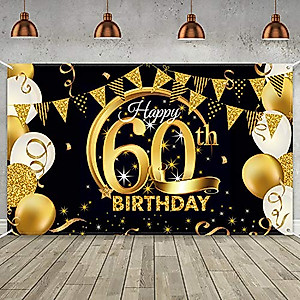 Birthday Party Decoration Extra Large Fabric Black Gold Sign Poster for Anniversary Photo Booth Backdrop Background Banner, Birthday Party Supplies, 72.8 x 43.3 Inch (60th)