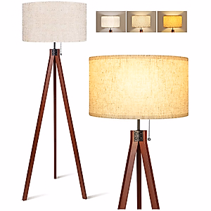 Isloys Wood Tripod Floor Lamp, 3 Color Temperatures Mid Century Modern Boho Floor Lamp, Tall Standing Lamps for Living Room Bedroom Office, Flaxen Lamp Shade with E26 Lamp Base