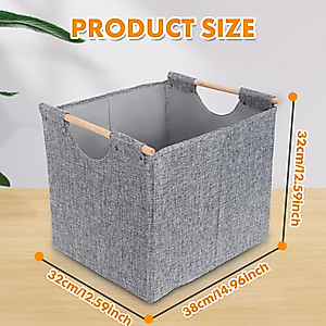 ShellKingdom Large Storage Bins, Foldable Linen Fabric Storage Baskets for Shelves, Cloth Storage Organizer Drawer for Closet Toys Storage with Wooden Handles for Home, Office, 12.59x14.96 inch, Grey