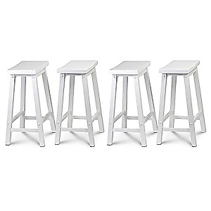 PJ Wood Classic Saddle-Seat 24" Tall Kitchen Counter Stools for Homes, Dining Spaces, and Bars w/Backless Seats, 4 Square Legs, White (4 Pack)