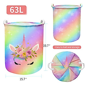 Aynaxcol Unicorn Laundry Basket Hamper Large Sized Round Storage Basket Waterproof Bin Collapsible Laundry Basket for Room Organizer, Bedroom Nursery Playroom Clothes (62.8L)