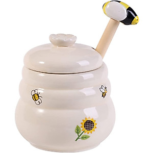 Ceramic Honey Jar with Wooden Honey Dipper-Honey Pot with Dipper- Honey Jar with Stand, Great Bee Decor- Farmhouse Kitchen Decor