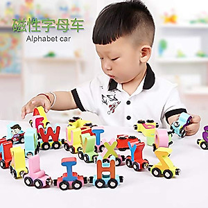 QUOXO Wooden Trackless Trains Set, Alphabets Numbers Magnetic Train Cars for Children Early Educational (Letter Train)