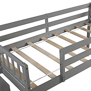 Low Loft Bed with Stairs for Kids and Toddlers Wood Loft Bed Frame with Slide Twin Loft Beds with Stairway Storage for Boys Girls, Gray