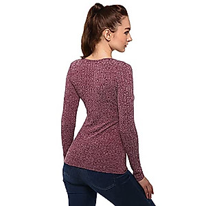 AmélieBoutik Women Lace Trim V Neck Faux Wrap Empire Waist Ribbed Long Sleeve Knit Top (Burgundy Large)