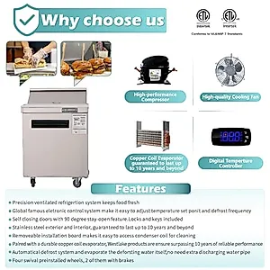 WESTLAKE 27" W Refrigerator Sandwich & Salad Prep Table Commercial Stainless Steel Counter Fan Cooling Refrigerator with 8 Pans-27 Inches for Restaurant, Bar, Shop, etc