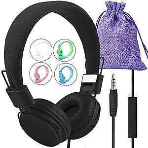 Wired Headphones - Kids Headset Girls Ear Microphone Boys Head mic audiofonos Cord Jack 3.5 Plug for iPhone iPad Chromebook School Laptop Tablet Computer Kindle Black Foldable Travel Volume Limited