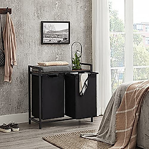 VASAGLE Laundry Basket, 2-Compartment Laundry Hamper, Pull-Out and Removable Laundry Bags, Oxford Fabric, Metal Frame, 2 x 12.2L, 28.7 x 13 x 28.3 Inches, Rustic Brown and Black UBLH201B01
