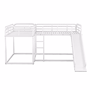EOVTK L-Shaped Metal Bunk Bed for 4, Full and Twin Size Bunk Quad Bed Frame with Slide, Short Ladder and Safety Guardrail for Kids Teens Adults, White