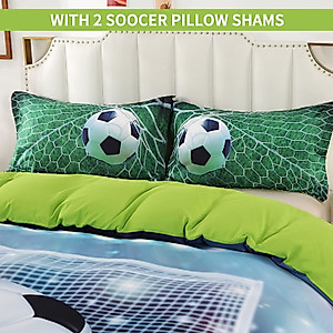 ENJOHOS Green Kids Duvet Cover Queen, 3 Piece 3D Soccer Bedding for All Season, Sports Theme Microfiber Comforter Cover Set with 2 Pillowcase（No Comforter No Fitted Sheet）