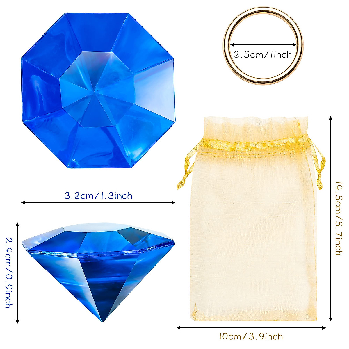 PANTIDE 35Pcs Acrylic Diamond Gems Jewels Alloy Gold Round Ring Set the Blue Hedgehog Chaos Emeralds Power Rings Party Favor Supplies Cake Decoration Pirate Treasure Chest Hunt with Bag