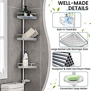 Giantex Shower Caddy Tension Pole - Bathroom Shower Organizer Rustproof Aluminum Rack w/ 3 Storage Baskets & 1 Soap Tray, 4-Tier Shower Shelf for Bathtub Shampoo Accessories, 5 to 9 ft Height, Silver