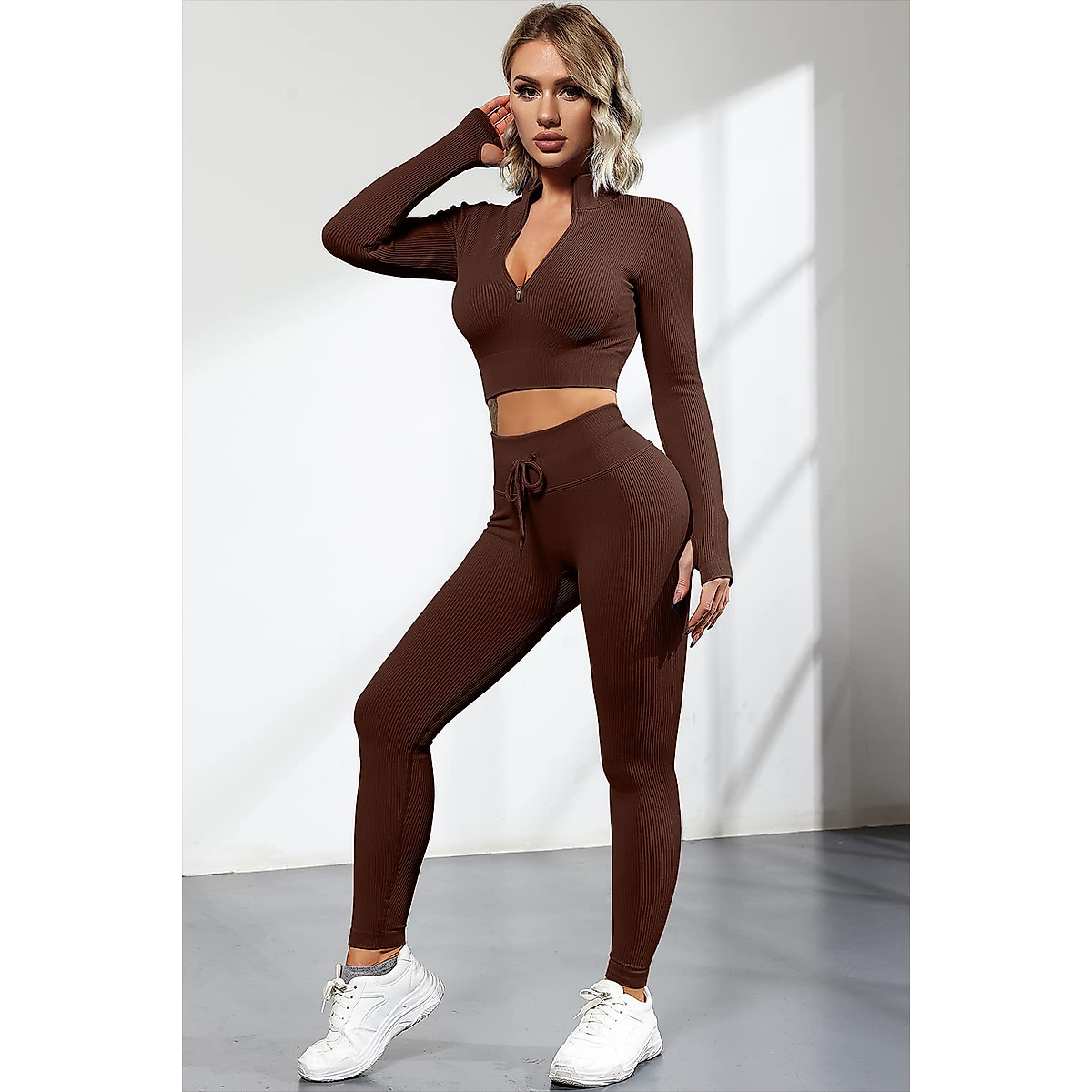 QINSEN Women Winter Workout Sets Funnel Neck Long Sleeve Sport Shirt Tummy Control Fitted Yoga Pants 2 Pieces Tracksuit Coffee M