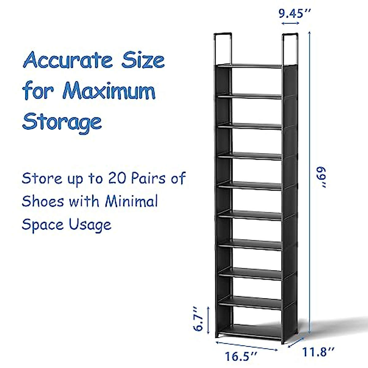 Shoe Rack Narrow Shoe Rack 10 Tiers Tall Shoe Rack for Entryway, Metal Shoe Rack Holds 20-22 Pairs, Stackable Shoe Stand Vertical Shoe Tower for Entryway, Closet, Garage, Bedroom, Cloakroom, Black