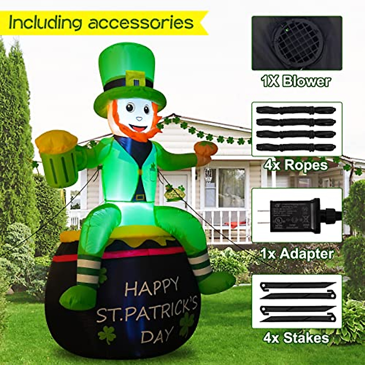 6ft St. Patrick's Day Inflatables Blow Up Outdoor Decorations Leprechaun on Pot of Gold with Beer and Clover Yard Decoration Built-in Led and Fan