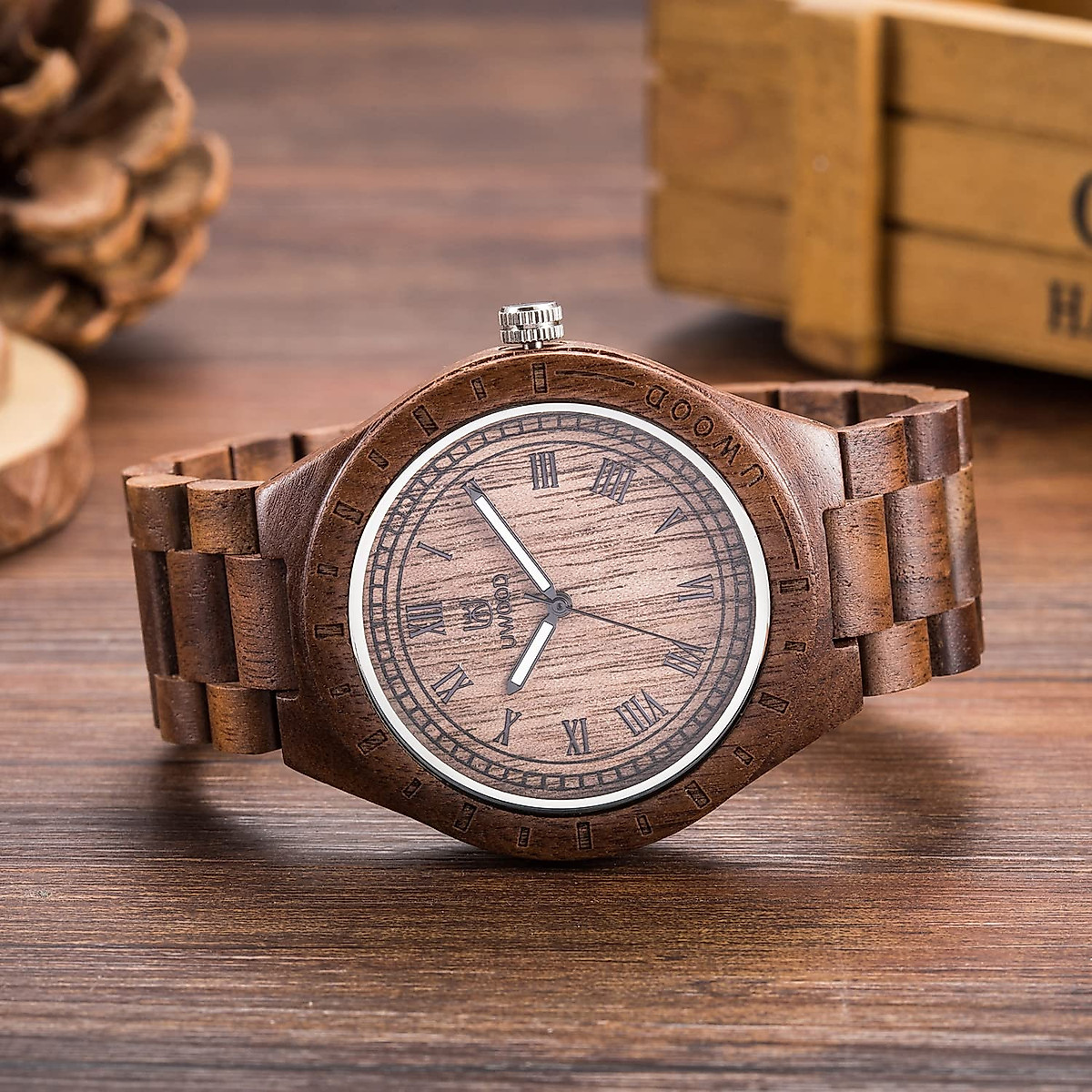 LeeEv Mens Light Weight Unique Wood Watch, Uwood Series Handmade Sandalwood Analog Quartz Vintage Roman Number Natural Wooden Wristwatch