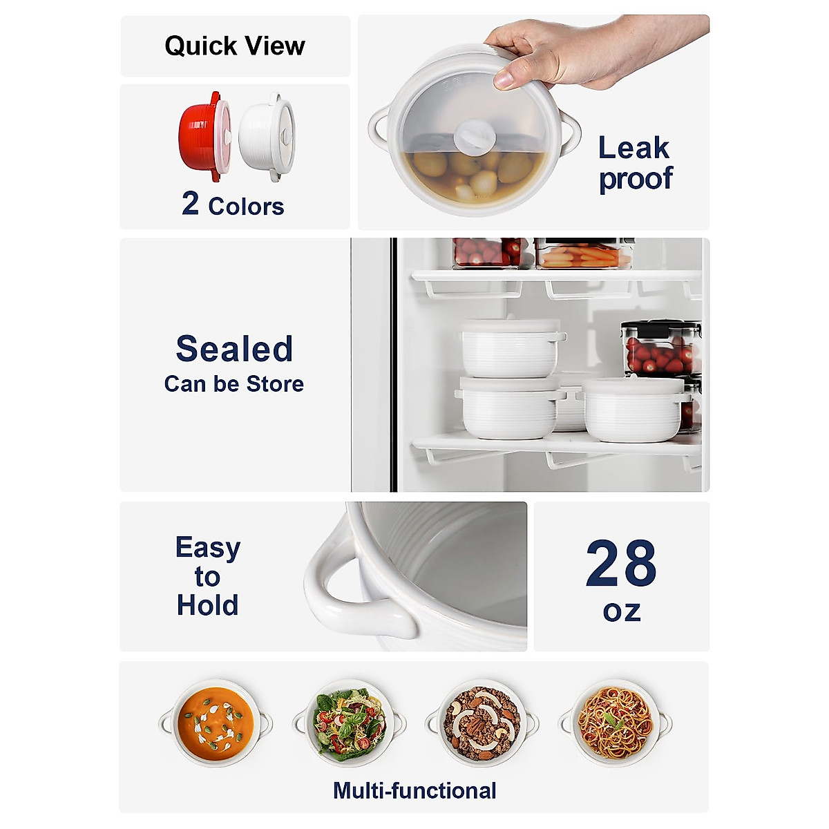 LE TAUCI Soup Bowls with Handles and Silicone Lids, 28 oz Ceramic French Onion Soup Bowls, Oven & Microwave Safe Ramen Cooker for Cereal, Chilli and Stew Beef, Non-Toxic Soup Crocks, Set of 4, White