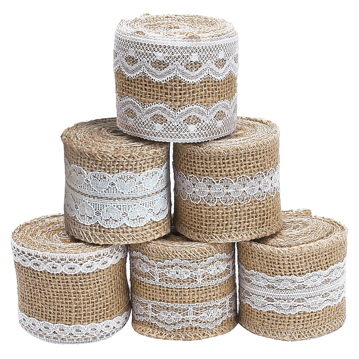 Livder 6 Rolls 2 Inch Width Natural Jute Burlap Ribbon with White Lace for DIY Home Decoration, Wedding Party and Gift Packaging