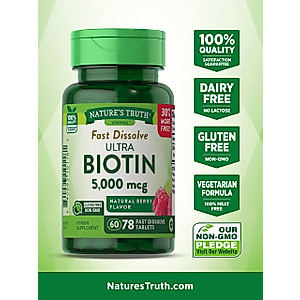 Nature's Truth Ultra Biotin 5000mcg | 78 Fast Dissolve Tablets | Hair Skin and Nails Supplement | Natural Berry Flavor | Vegetarian, Non-GMO, Gluten Free