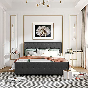 TARTOP Queen Size Upholstered Platform Bed with Storage Drawer, Metal Queen Bed Frame with Headboard，No Box Spring Required，Gray