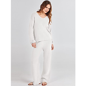 ANRABESS Women 2 Piece Outfits Sweater Lounge Sets Long Sleeve Cable Knit Pullover and Wide Leg Pants Tracksuit Matching Set White Large