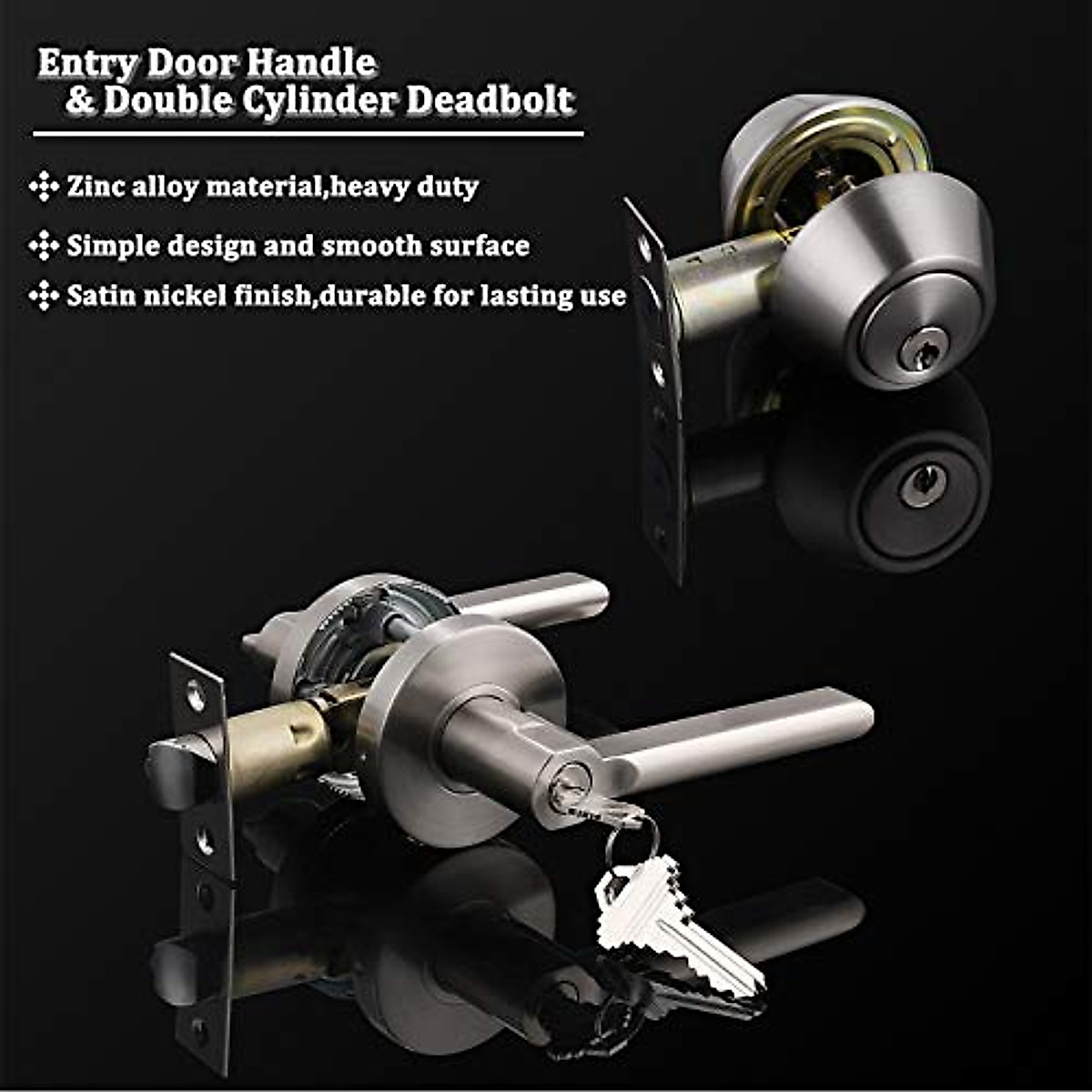 Gobrico Keyed Alike Entry Door Locksets with Double Cylinder Deadbolt Lock Combo Sets,Brushed Nickel Exterior Entrance Door Levers,Front Door Handle Sets,3 Pack