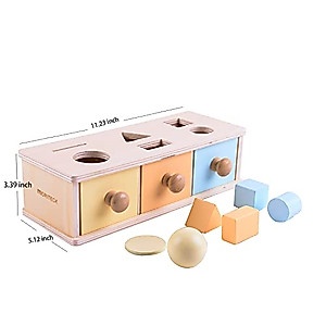 MORITECK Montessori 3 in 1 Object Permanence Box Coin Box Shape Sorter for 8 Months up Baby Wooden Toy for Boy Girls Christmas Birthday Gift