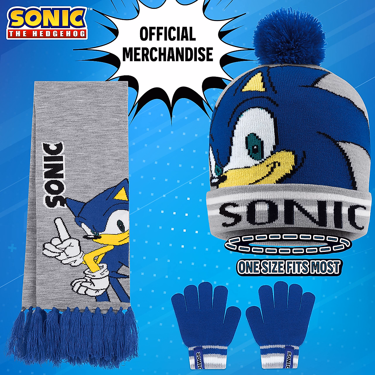 Sonic The Hedgehog Beanie Hat Scarf and Gloves Set for Boys (Multicolour- 3 Pieces)