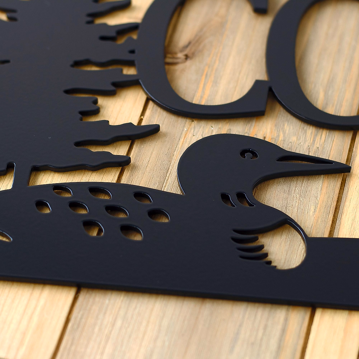 Personalized Rectangular Metal Family Name Plaque with Lake Loon and Pine Trees