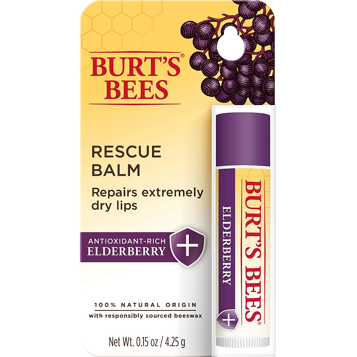 Burt's Bees 100% Natural Origin Rescue Lip Balm with Beeswax and Antioxidant-Rich Elderberry, 1 Tube in Blister Box (Package May Vary)