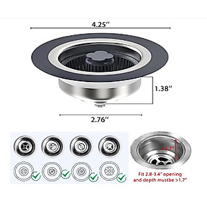 3-in-1 Upgarded Kitchen Sink Drain Stopper &Stainer Combo - Pop-Up Anti-Clog Basket for Fast Drainage , Includes 3 Reuseable Filters