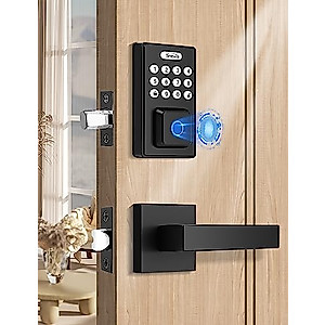 Tinewa Keyless Entry Door Lock with 2 Lever Handles, Fingerprint Entry Door Handleset, Electronic Digital Keypad Deadbolt with App, Auto Lock & One Touch Locking, Front Smart Door Handle Sets, Black