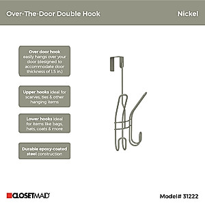 ClosetMaid Over The Door Hanger Rack with Two Hooks, for Hats, Scarves, Belts, Towels, Jackets, Nickel Finish