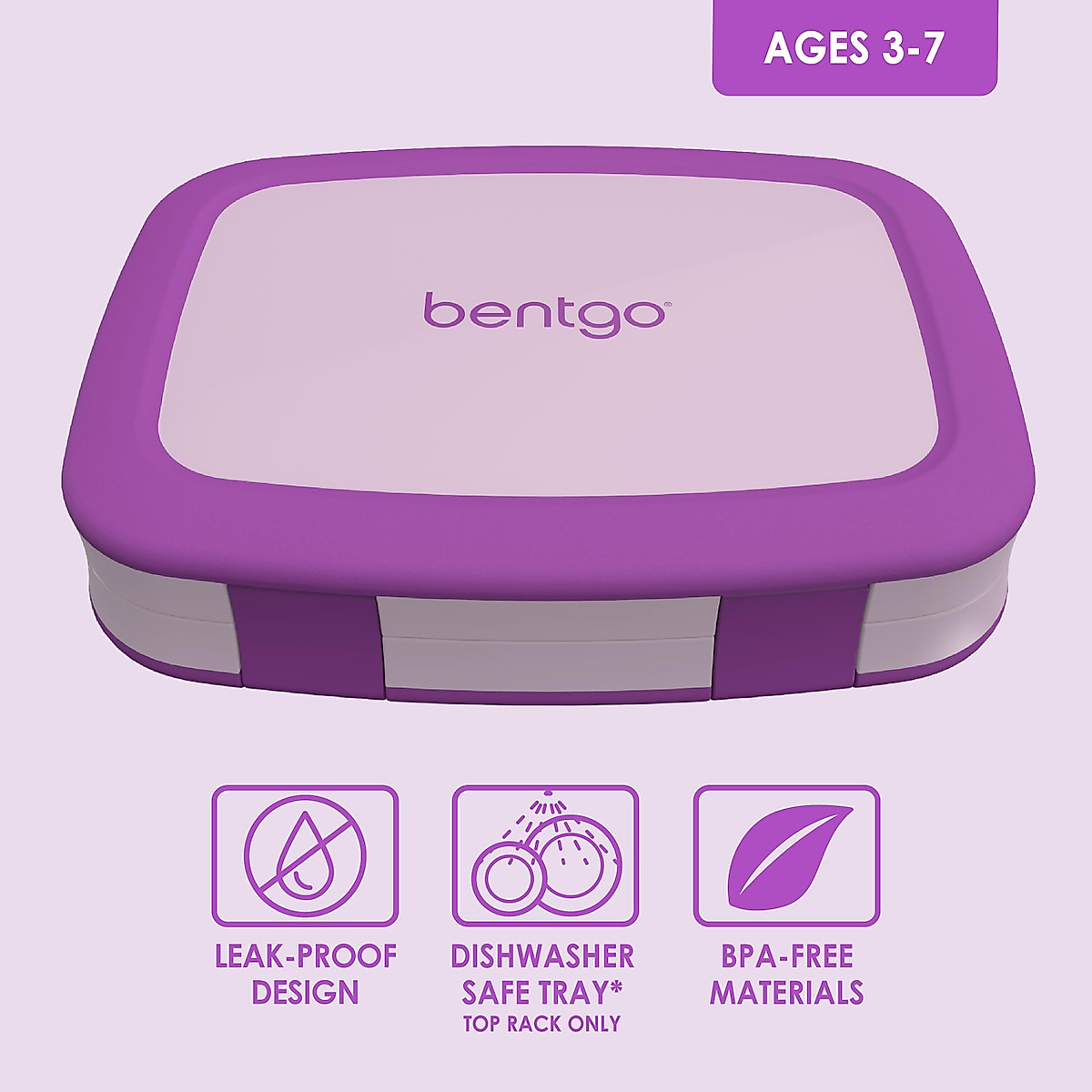 Bentgo® Kids Bento-Style 5-Compartment Lunch Box - Ideal Portion Sizes for Ages 3 to 7 - Leak-Proof, Drop-Proof, Dishwasher Safe, BPA-Free, & Made with Food-Safe Materials (Purple)