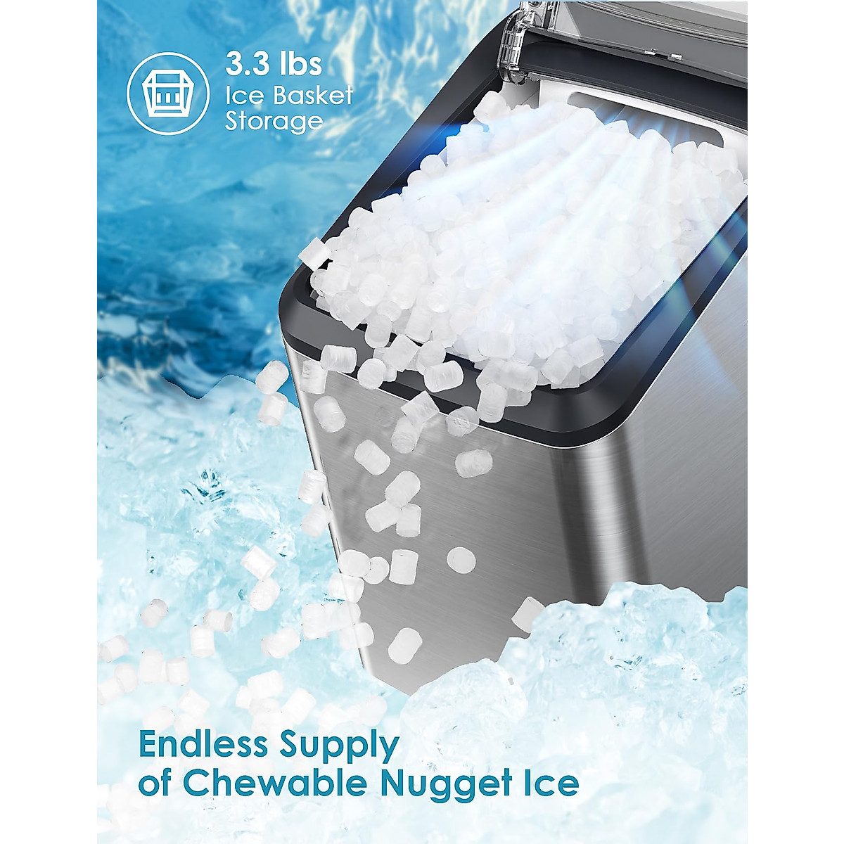 Oraimo Nugget Ice Maker, Ice Makers Countertop, 26 Lbs/Day Tooth-Friendly Chewable Ice with Self-Cleaning & Auto Water Refill, Sonic Pebble Ice Maker Machine for RV, Home and Kitchen, Silver