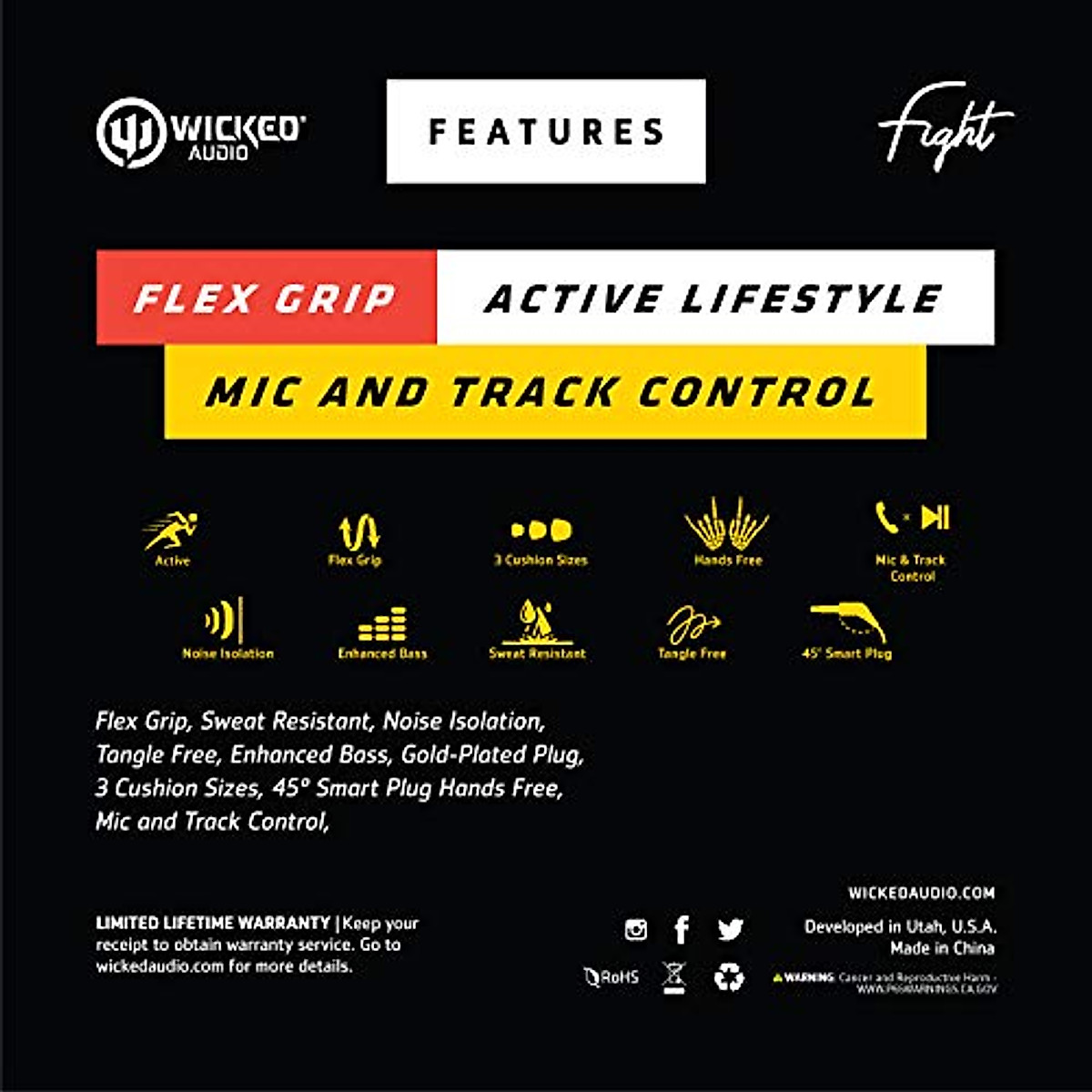 Wicked Audio Fight — Sweat Resistant Earbuds — Earbud Headphones for Exercise — Wired Headphones with Microphone and Track Control, Tangle-Free Cord and Flex Grip — Lime