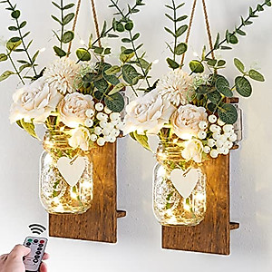 Party Joy Mason Jar Sconces Set of 2 Spring Decor Wall Decor Rustic Wall Sconces with Remote Control LED Fairy Lights and Artificial Flowers Bathroom Decor Home Decor with Lights