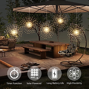PXBNIUYA 4 Pack 800 Led Solar Starburst Sphere Lights,Firework Lights Remote Control Timer 8 Modes Dimmable Waterproof Hanging Fairy Light, Sparkly Lights for Patio Party Tent Christmas (Warm White)