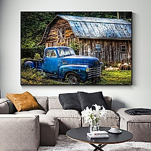 Stamped Cross Stitch Kits for Adults Beginners Farmhouse Blue Car Truck Pattern 11CT Pre-Printed Fabric Embroidery Arts and Crafts Kit Needlepoint Starter DIY Wall Decor, 24 x 32 inch