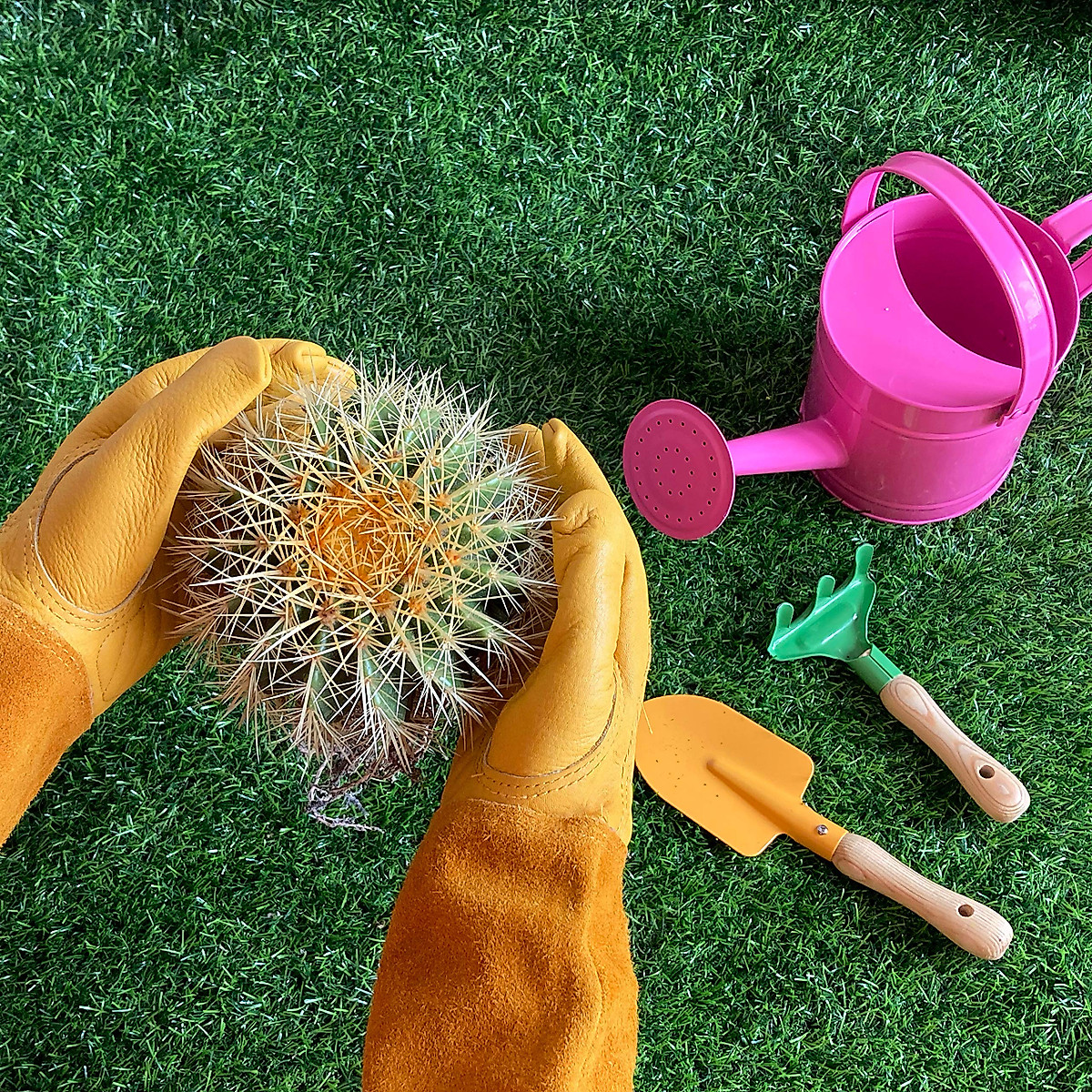 Gardens Leather Gardening Gloves for Women and Men | Thorn and Cut Proof Garden Work Gloves with Long Heavy Duty Gauntlet | Suitable For Thorny Bushes Cacti Rose (Large, Yellow)