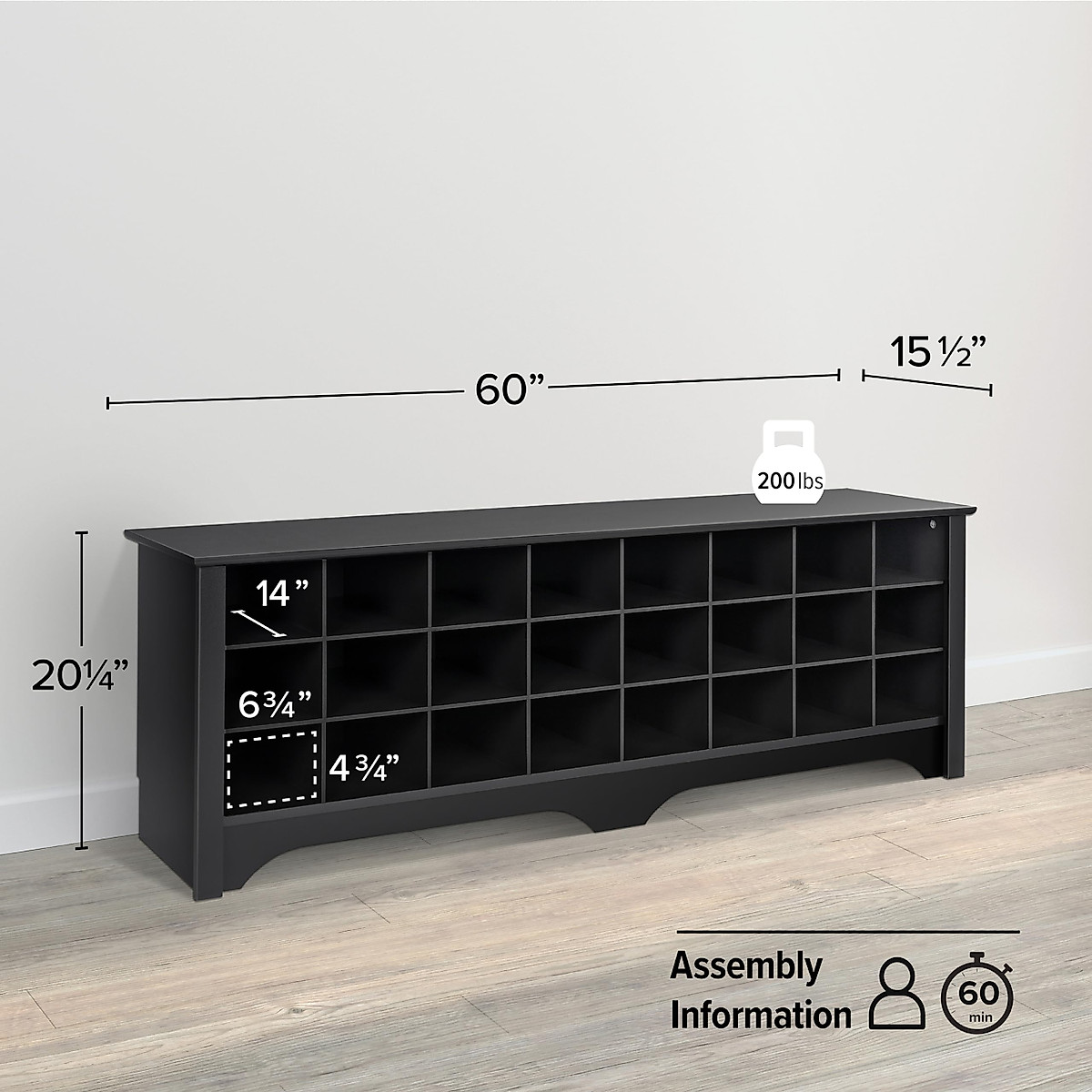 Prepac 24 Pair Shoe Storage Cubby Bench, Black