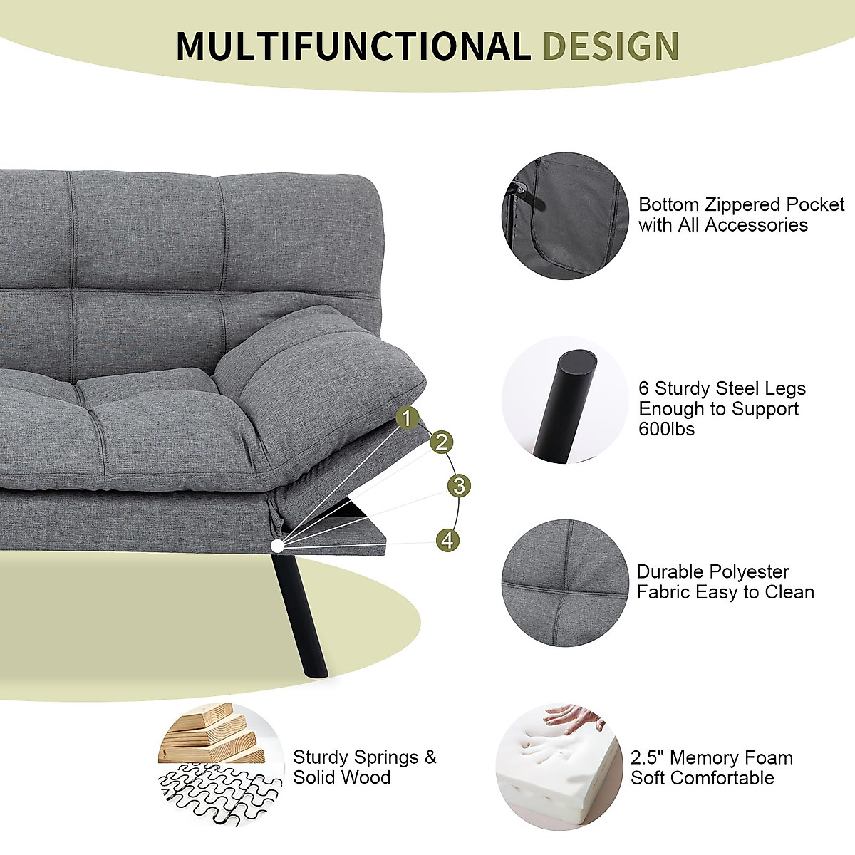 MUUEGM Futon Sofa Bed,Futon Bed,Memory Foam Futon Sofa,Convertible Sofa Bed for Compact Living Spaces,Apartment,Studio,Office,Futon Sofa,71"*33"*31.5",Light Gray Fabric