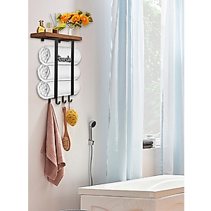 Towel Holder Bathroom Storage with Wooden Shelf and 4 Hooks Towel Rack Wall Mounted for Rolled Towels Towel Organizer for Narrow Bathroom Accessories and Decor