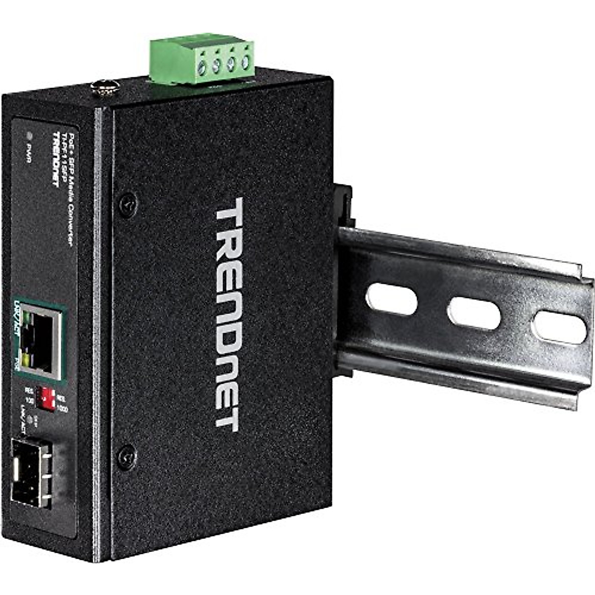 TRENDnet Industrial SFP to Gigabit PoE+ Media Converter, IP30 Rated Housing, Operating Temperature Range -40°– 75 °C to (-40° – 167 °F), TI-PF11SFP, Black