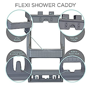 Bath Bliss Multi Hanging Option Shower Caddy | Over the Showerhead | Adhesive Backing | Screw Mount | Organizer | Large Shampoo & Conditioner Bottle Holders | Razor & Loofah Hooks | Grey