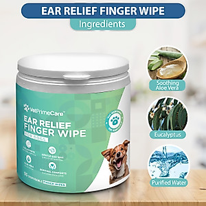 VET PRIME CARE Pet Finger Wipes for Dogs Ear Relief, Aloe Vera & Eucalyptus Infusion, Pet Grooming Wipes, Remove Debris & Ear Wax, Soothe & Deodorize, 55-Count Pack.