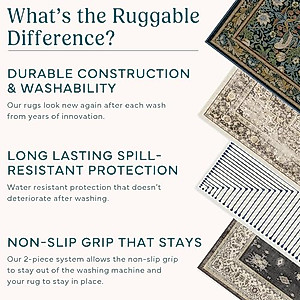 RUGGABLE Damali Washable Rug - Boho Vintage Area Rug for Living Room, Bedroom, Dining Room and Kitchen - Stain & Water Resistant, Pet & Child Friendly - Black & White 2'x3' (Standard Pad)