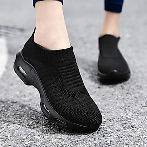 DimaiGlobal Women's Walking Shoes Sock Sneakers Slip On Comfort Mesh Fashion Cushion Lady Girls Modern Jazz Dance Easy Shoes Wedge Platform Loafers Black